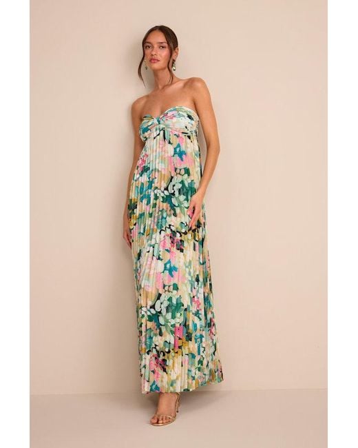 Lulus Whimsical Beauty Multi Floral Satin Plisse Strapless Maxi Dress ...