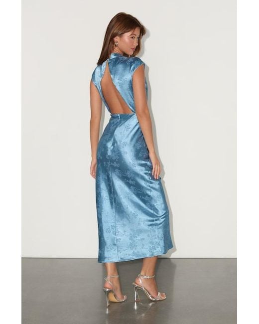 Lulus Gia Satin Jacquard Cutout Midi Dress in Blue | Lyst