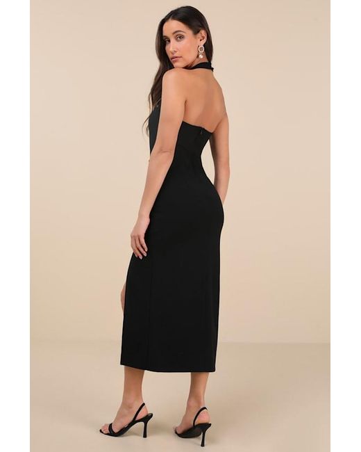 Lulus Intriguing Luxury Asymmetrical Halter Midi Dress in Natural | Lyst