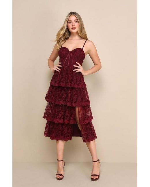 Lulus Exceptional Persona Lace Tiered Bustier Midi Dress | Lyst