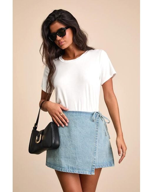 Lulus Eileen Light Wash Denim Faux-Wrap Mini Skirt in Blue | Lyst