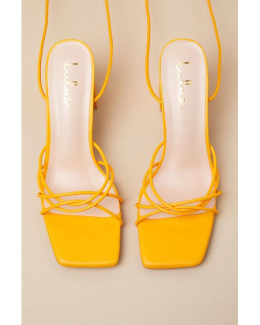 Lulus Orlie Tangerine Strappy Lace-Up High Heel Sandals in Orange | Lyst