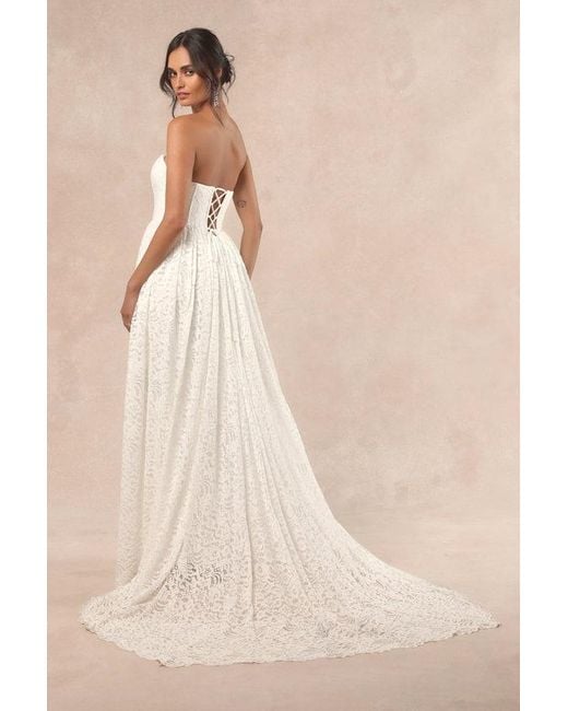 Lulus Shiori Lace Bustier Basque Waist Strapless Maxi Dress in Natural ...