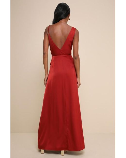 Lulus Poised Sophistication Satin Wrap Maxi Dress in Red | Lyst