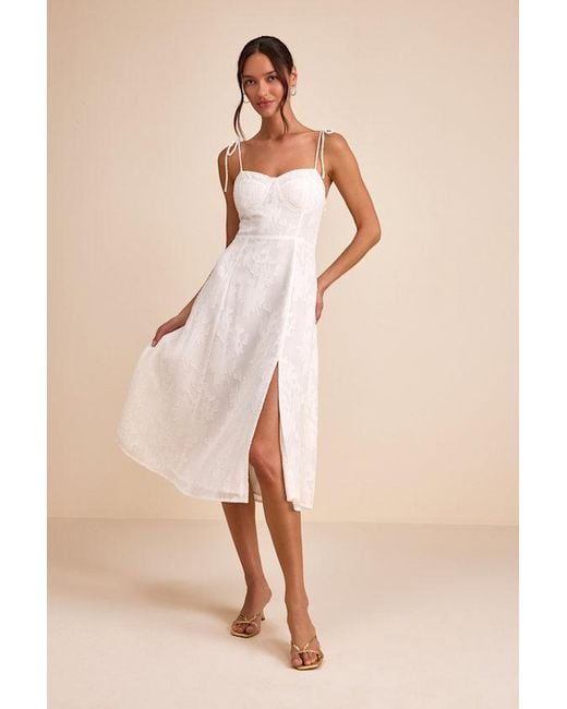Lulus Loveliest Looks Floral Jacquard Tie-Strap Midi Dress in Natural ...