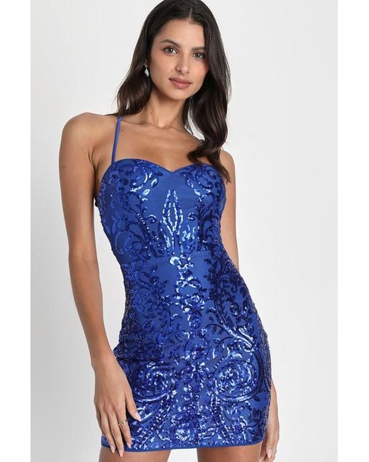 Lulus Shining Goddess Sequin Lace-Up Mini Dress in Blue | Lyst