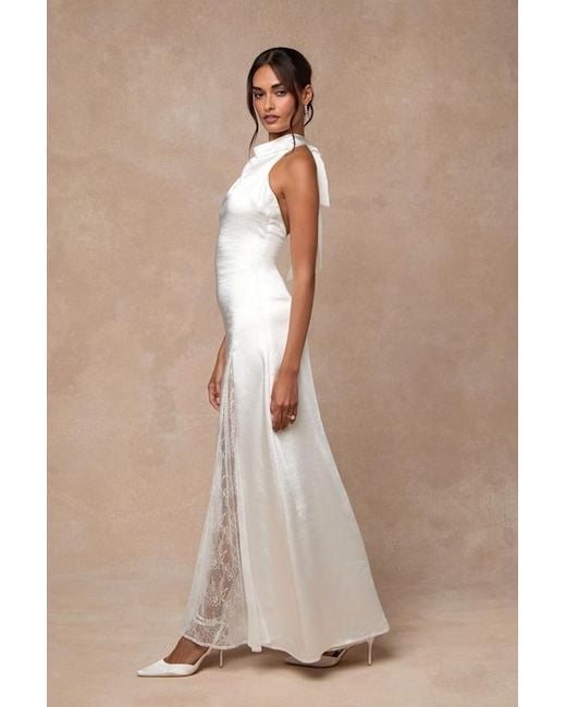 Lulus Concetta Satin Lace Halter Maxi Dress in Natural | Lyst UK