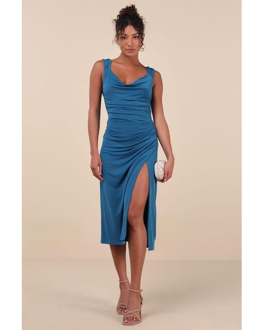 Lulus Flawless Effect Dark Slinky Knit Cowl Tie-Back Midi Dress in Blue ...