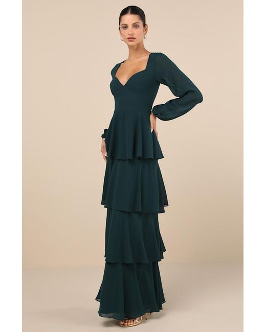 Lulus Flawless Excellence Emerald Tiered Long Sleeve Maxi Dress in Blue ...
