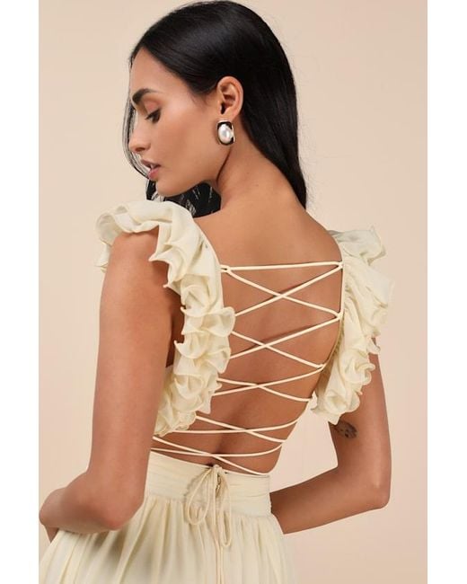 Lulus Soiree Celebration Ruffled Lace-Up Maxi Dress in Natural | Lyst