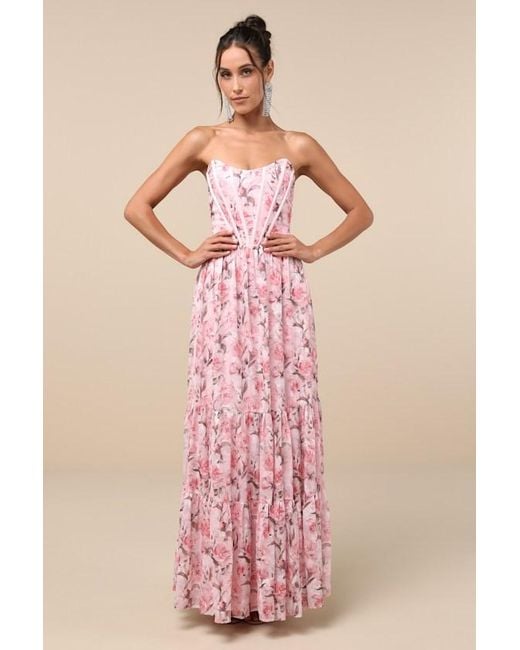 Lulus Special Moment Floral Strapless Bustier Maxi Dress in Pink | Lyst