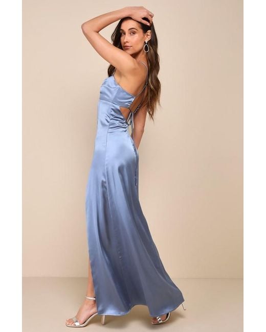 Lulus Stunning Example Slate Satin Pleated Backless Maxi Dress in Blue ...