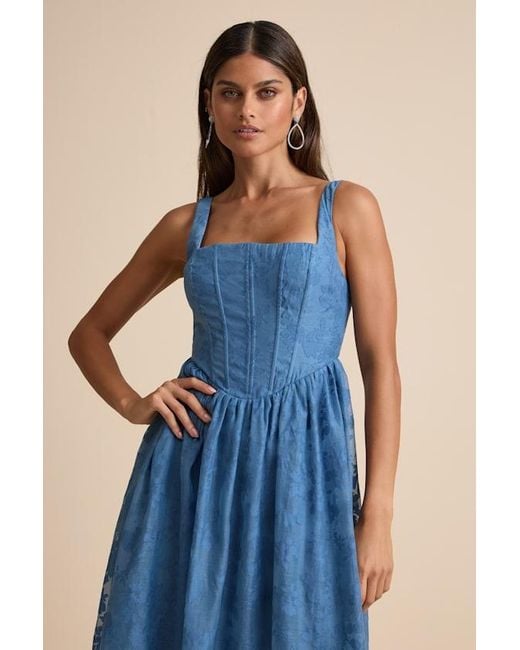 Lulus Colwyn Basque Waist Bustier Midi Skirt in Blue | Lyst