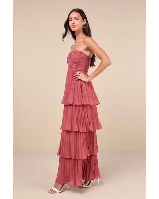 Lulus Seriously Sensational Rusty Rose Strapless Tiered Maxi Dress | Lyst