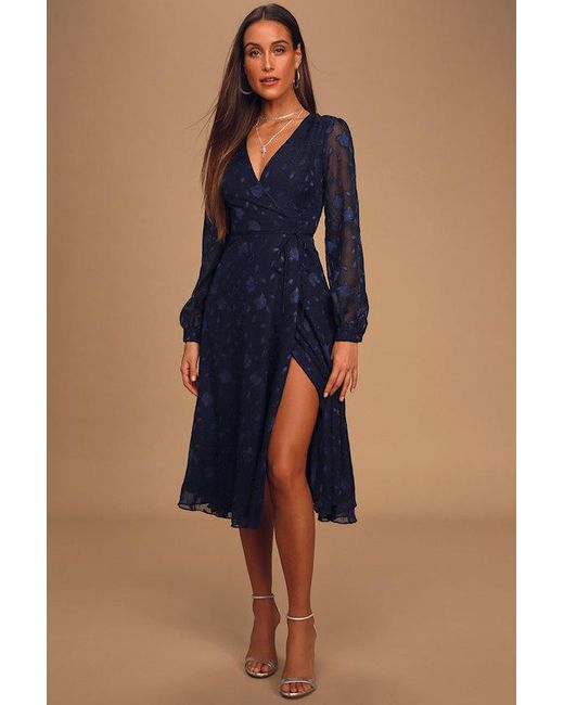 Lulus Evening Of Elegance Floral Jacquard Wrap Midi Dress in Blue | Lyst