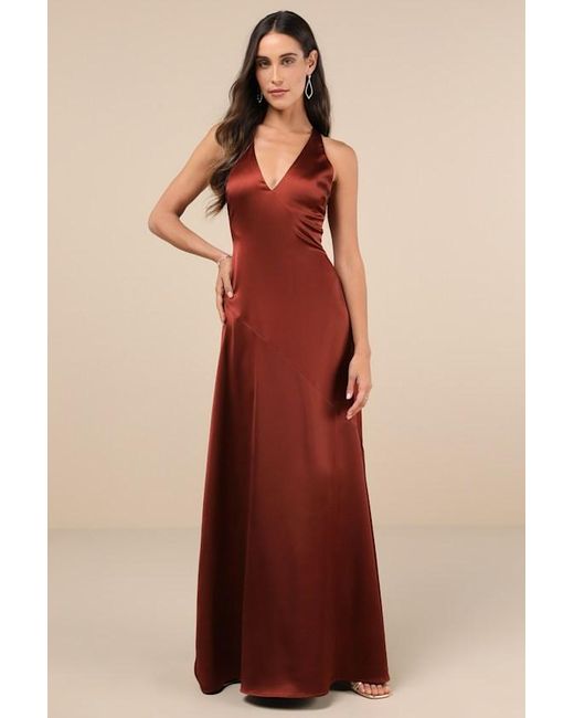 Lulus Purely Elegant Rust Satin Twist-Back Maxi Dress in Red | Lyst