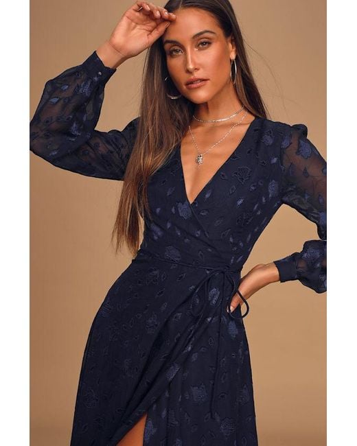 Lulus Evening Of Elegance Floral Jacquard Wrap Midi Dress in Blue | Lyst