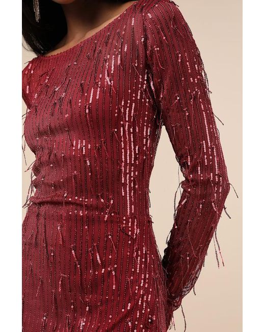 Lulus Sheer Fascination Sheer Mesh Sequin Fringe Maxi Dress in Red | Lyst