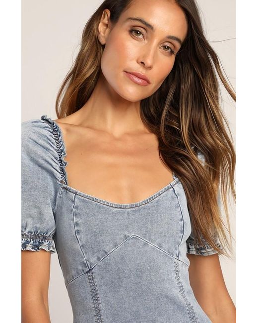 Lulus Sweet Looking Light Wash Denim Puff Sleeve Mini Dress in Blue | Lyst