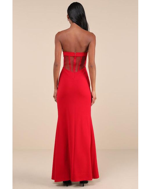 Lulus Iconic Arrival Strapless Bustier Mermaid Maxi Dress in Red | Lyst