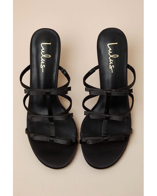 Lulus Millie Satin Strappy Bow High Heel Slide Sandals in Black | Lyst