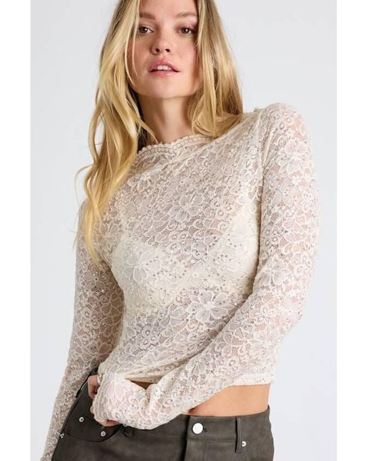 Lulus Elaura Cream Sheer Lace Sequin Long Sleeve Top in Natural | Lyst UK