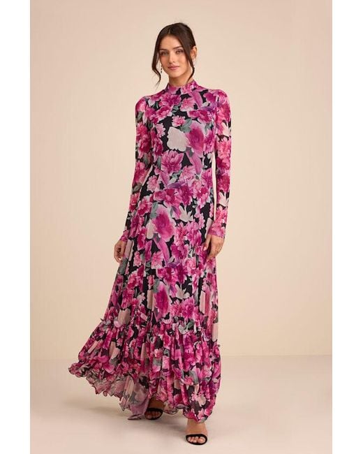 Lulus Emilina And Floral Mock Neck Maxi Dress in Pink | Lyst