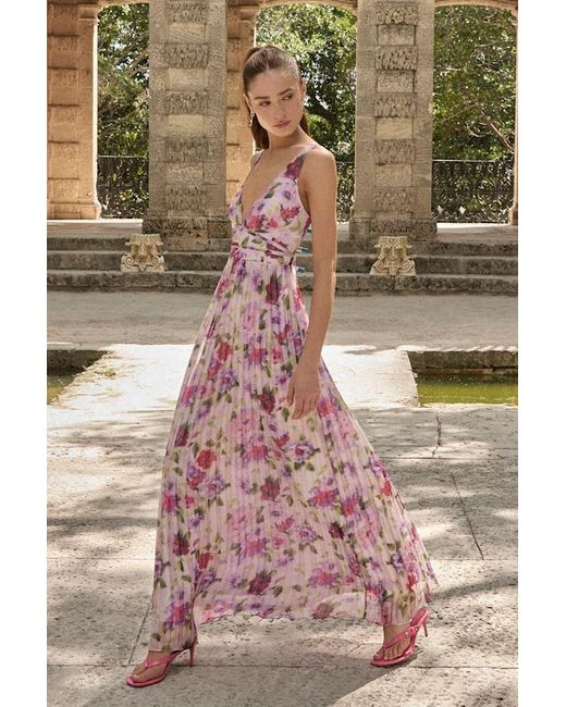 Lulus Morgana Multi Floral Satin Pleated Maxi Dress in Brown | Lyst UK