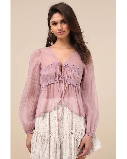 Lulus Kyler Sheer Tie-Front Long Sleeve Top in Pink | Lyst