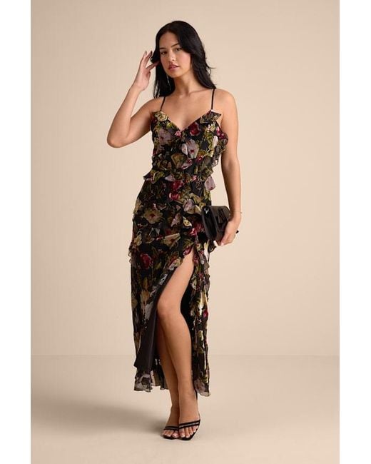 Lulus Shona Multi Velvet Jacquard Ruffled Maxi Dress in Natural | Lyst