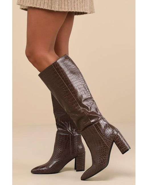 Lulus Katari Espresso Croc-Embossed Pointed-Toe Knee High Boots in ...