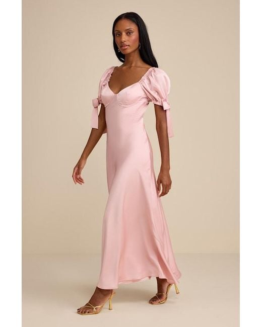 Lulus Santa Marta Satin Puff Sleeve Bow Maxi Dress in Pink | Lyst UK