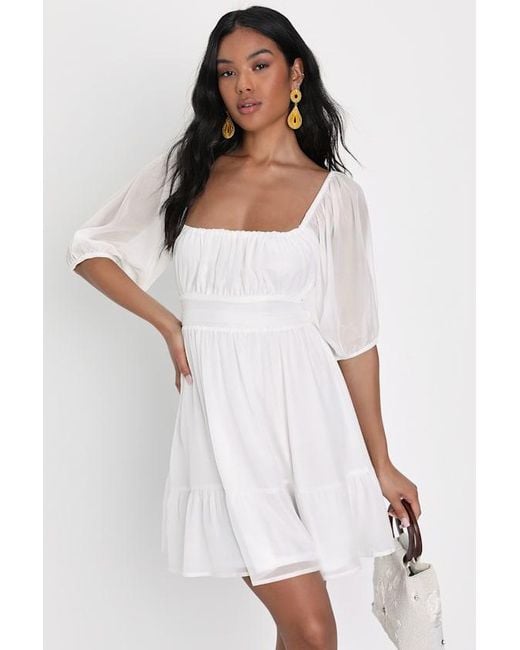 Lulus Ethereal Arrival Puff Sleeve Tie-Back Chiffon Mini Dress in White ...
