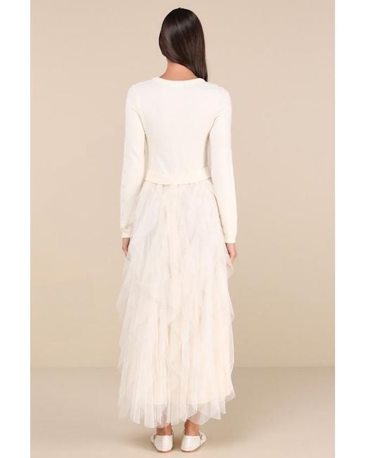 Lulus Ultimate Beauty Cable Knit Ruffled Tulle Maxi Dress in Natural | Lyst