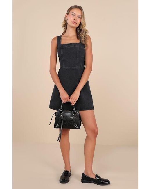 Lulus So Delighted Washed Denim Corset Seam Mini Dress in Black | Lyst