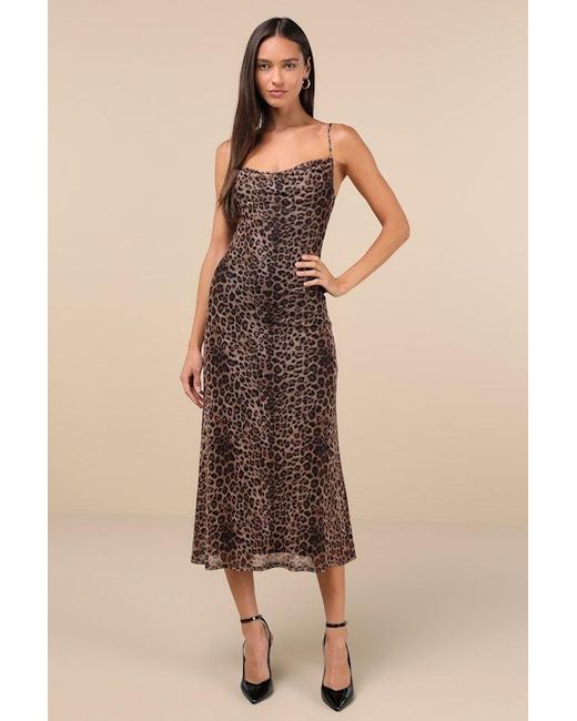 Lulus Flirty Destiny Leopard Print Mesh Cowl Neck Midi Dress in Brown ...