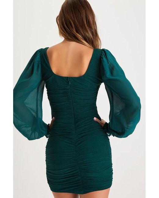 Lulus Perfect Sensation Mesh Ruched Puff Sleeve Mini Dress in Green | Lyst