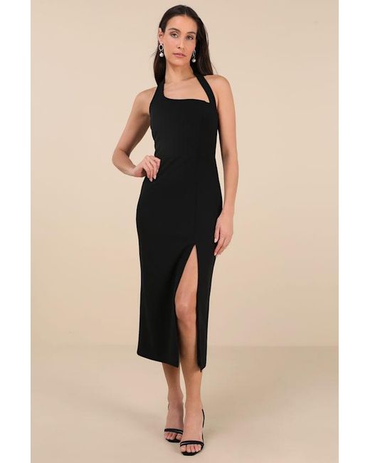 Lulus Intriguing Luxury Asymmetrical Halter Midi Dress in Natural | Lyst