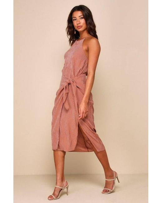 Lulus Amalfi Muse Rust Striped Cutout Faux Wrap Midi Dress | Lyst