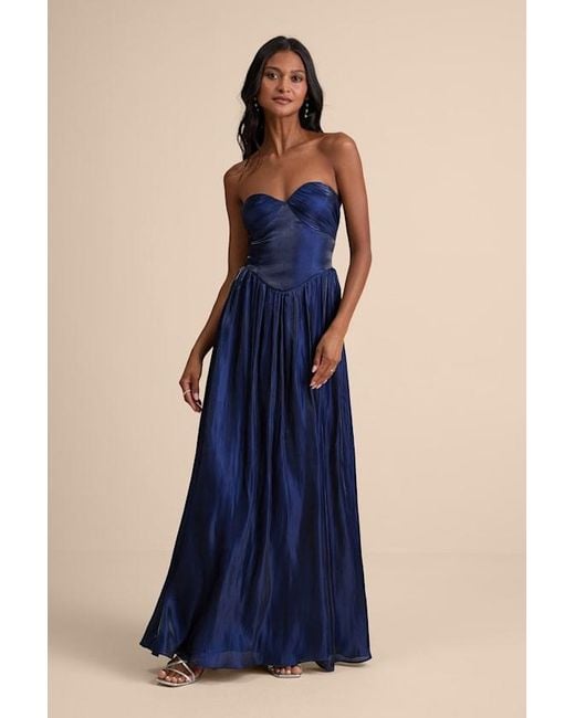 Lulus Kylin Satin Basque Waist Maxi Dress in Blue | Lyst