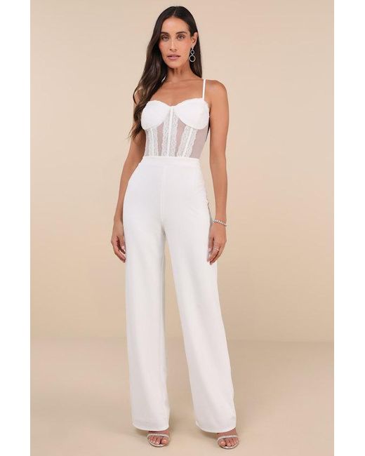 Lulus Perfectly Sultry Sheer Mesh Bustier Wide-Leg Jumpsuit in Natural ...