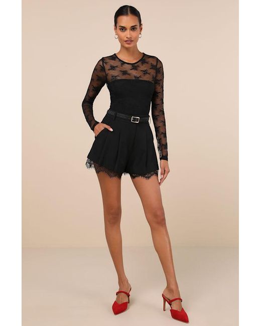 Lulus Sheer-Ly Sweet Sheer Lace Crew Neck Long Sleeve Bodysuit in Black ...