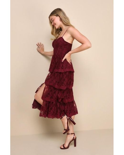 Lulus Exceptional Persona Lace Tiered Bustier Midi Dress | Lyst