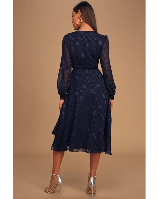 Lulus Evening Of Elegance Floral Jacquard Wrap Midi Dress in Blue | Lyst