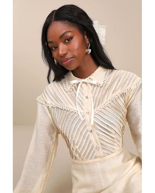 Sister Jane Pony Cream Sheer Pintuck Lace Long Sleeve Collared Midi Dress in Natural Lyst UK