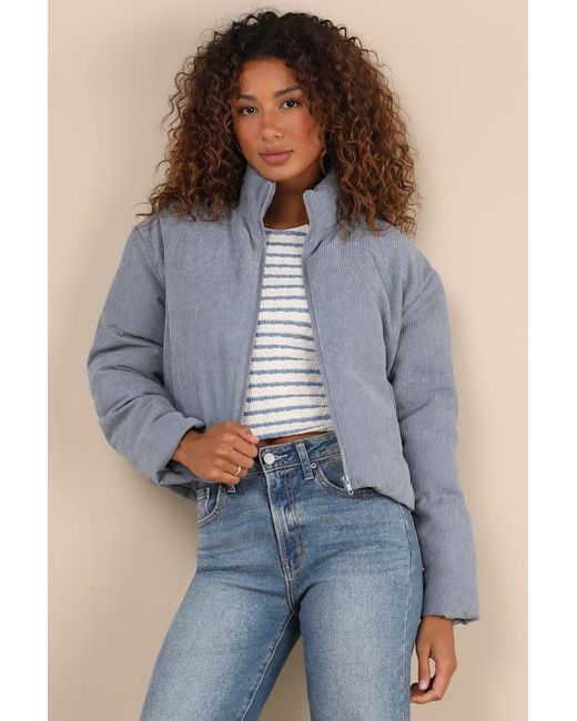 Lulus Cloud Nine Cutie Slate Cropped Corduroy Puffer Jacket in Blue | Lyst