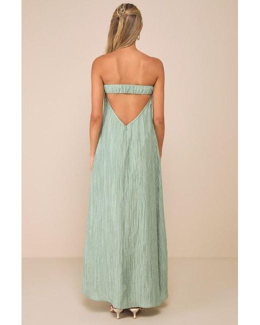 Lulus Radiant Season Plisse Cutout Strapless Maxi Dress in Green | Lyst