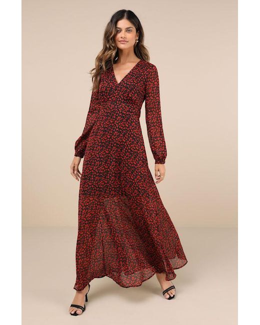 Lulus Enchanting Energy And Floral Long Sleeve Maxi Dress in Red | Lyst