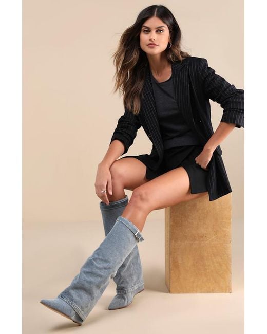 Steve Madden Corenne Denim Fold-Over Knee-High Wedge Boots in Blue | Lyst