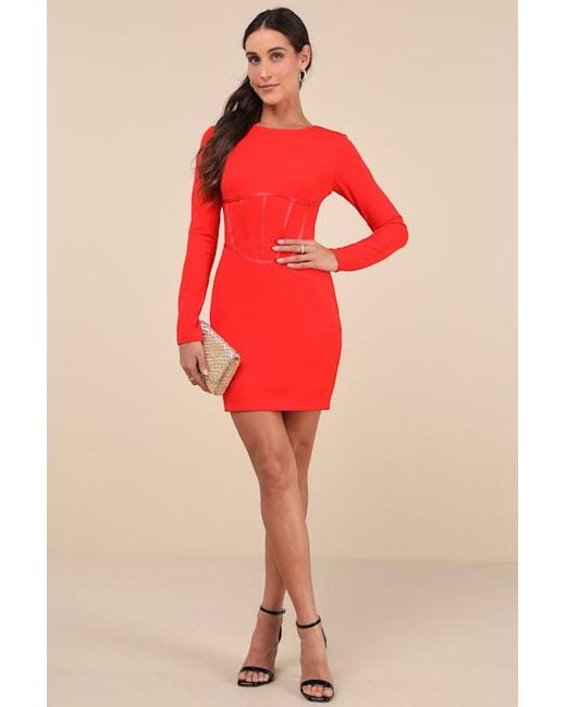 Lulus Confident Queen Long Sleeve Corset Bodycon Mini Dress in Red | Lyst